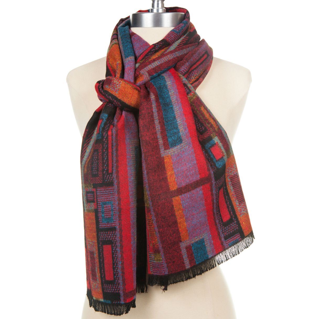 100% Cashmere Red Geometric Design Scarf by Rapti - Too Soft!