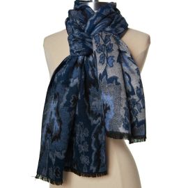 100% Cashmere Scarf by Rapti - Dark Blue Leaf Pattern