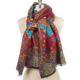 100% Cashmere Scarf by Rapti - Red, Blue, Purple Floral Paisley